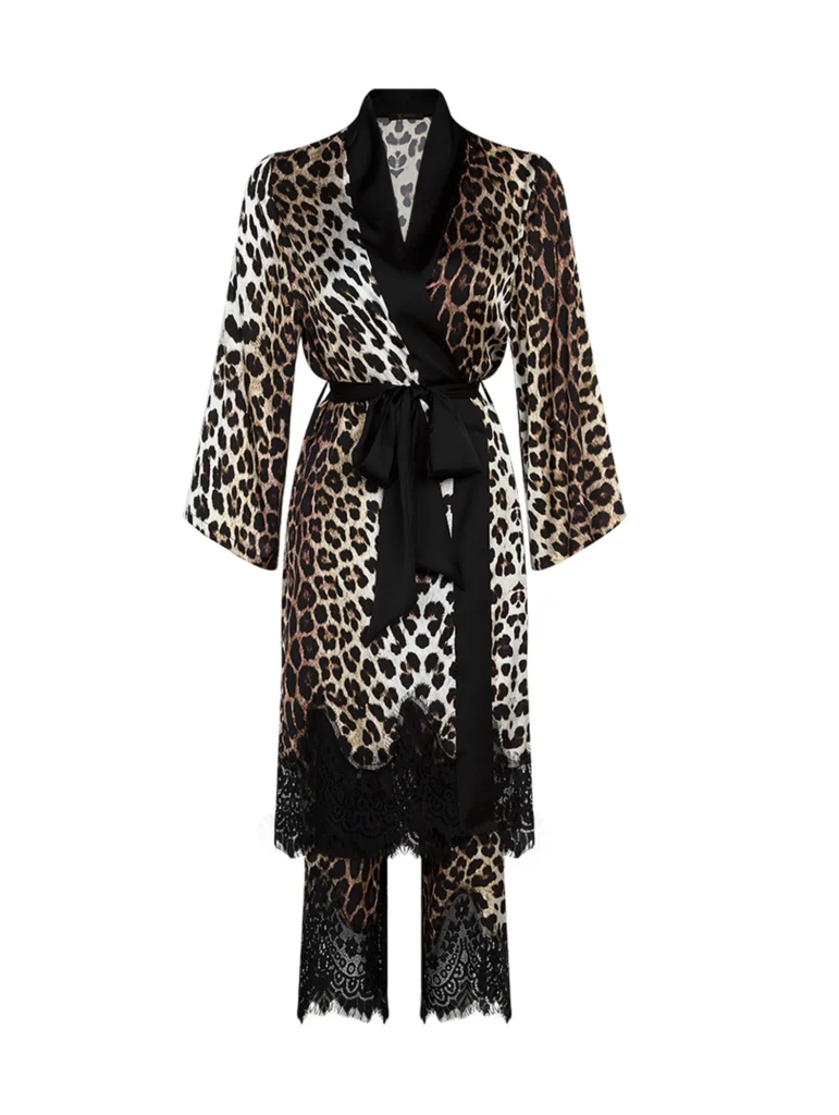 Long Luxury Leopard Print Satin Three Pieces Pyjama Set - X INTIMA